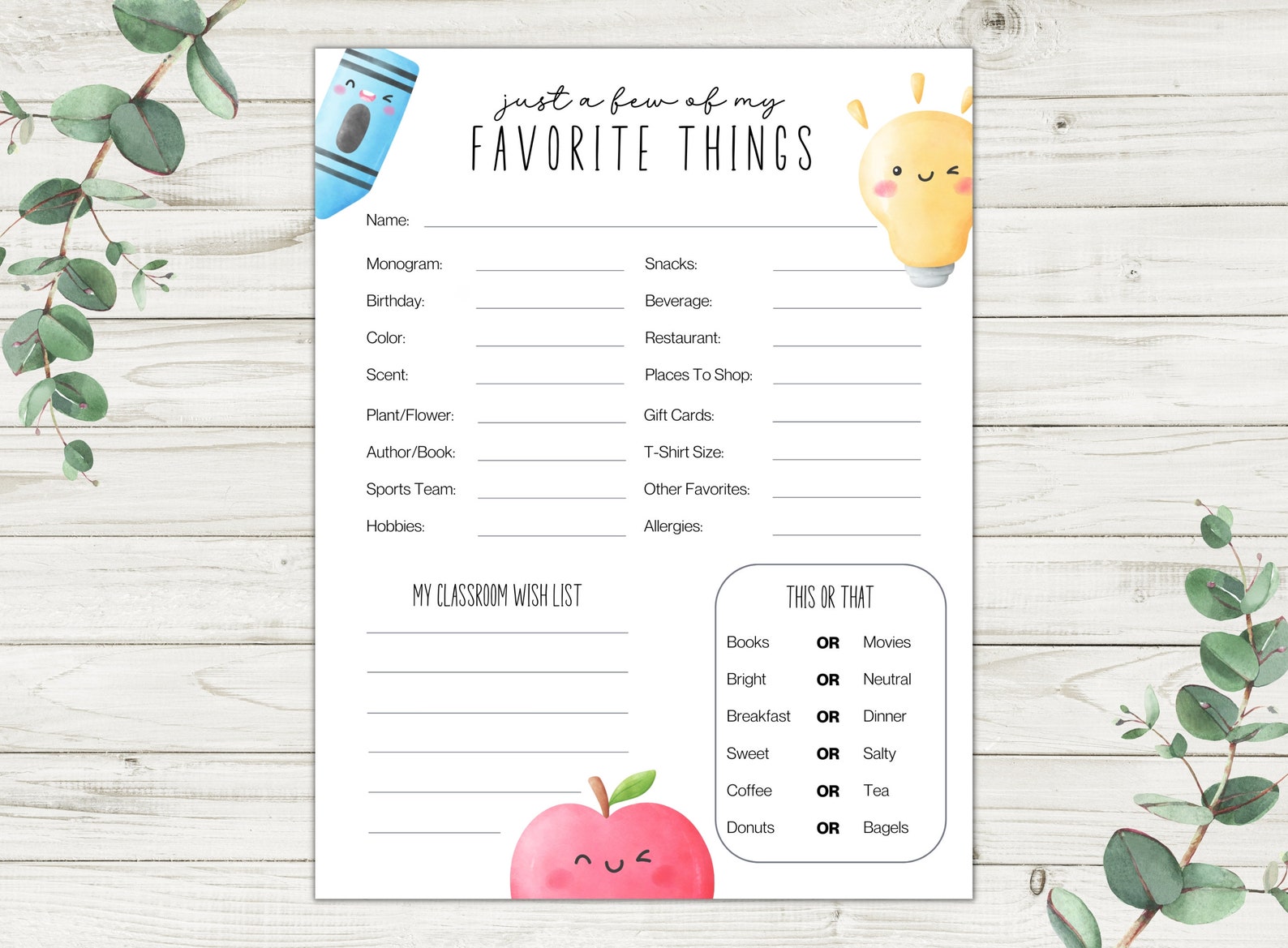 Teacher Favorite Things Survey Printable, All About My Teacher Form ...