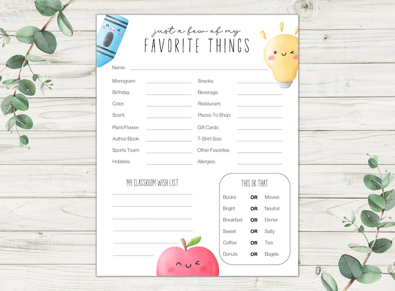Teacher Favorite Things Survey Printable, All About My Teacher Form ...