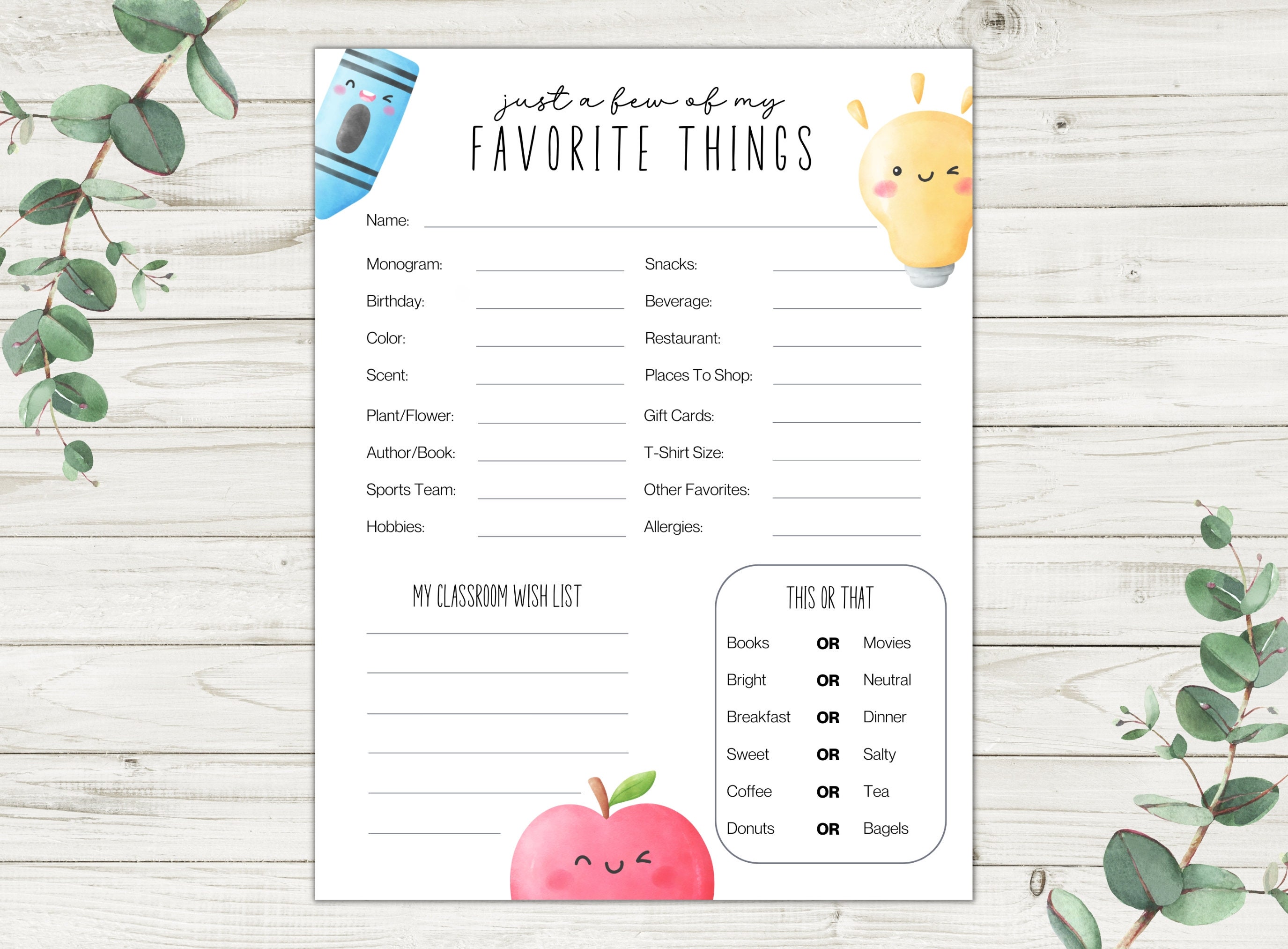 Teacher Favorite Things Survey Printable, All About My Teacher Form ...