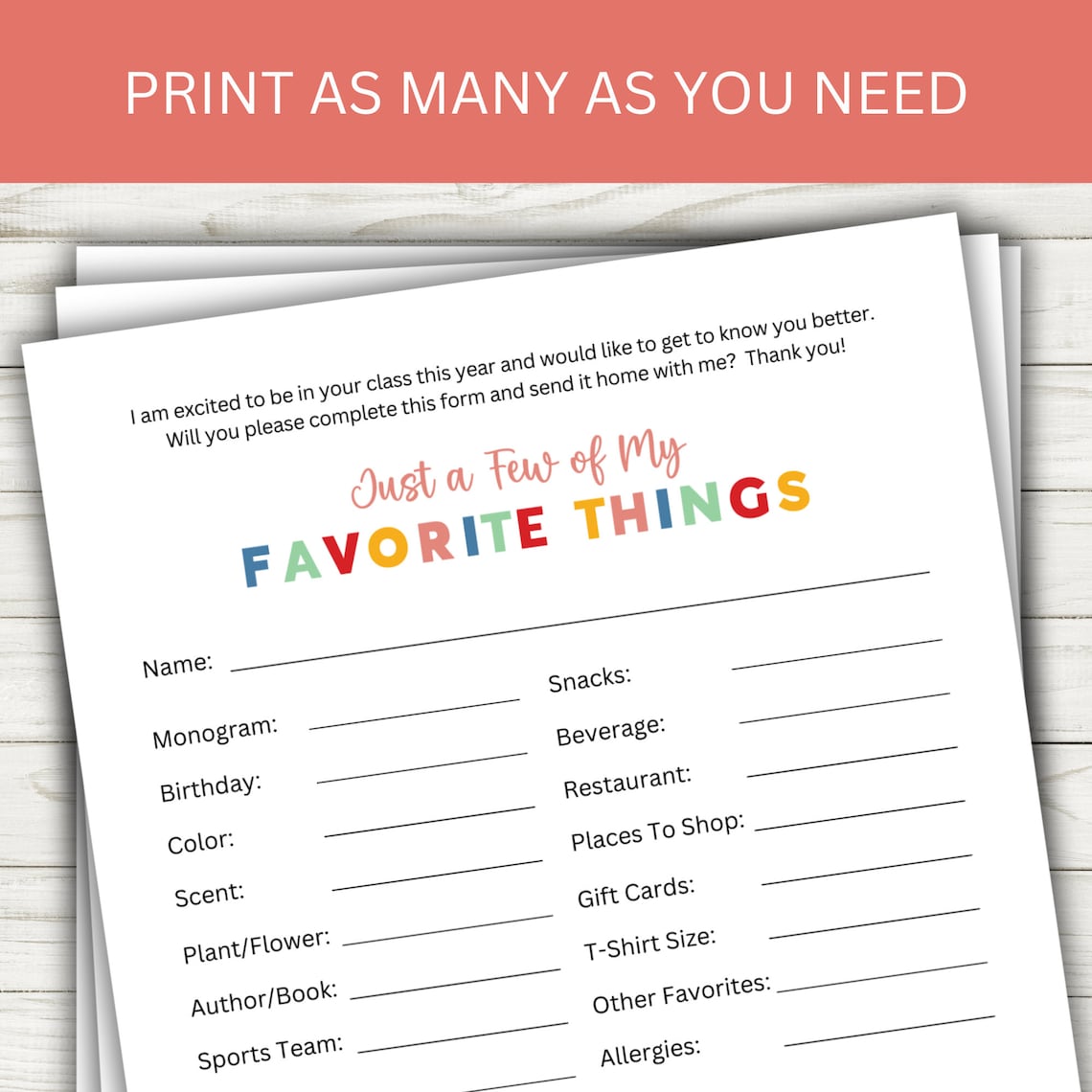 Teacher Favorite Things Survey Printable, All About My Teacher Form ...