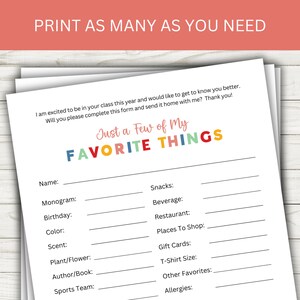 Teacher Favorite Things Survey Printable, All About My Teacher Form ...