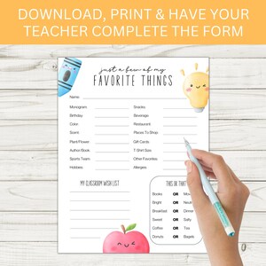 Teacher Favorite Things Survey Printable, All About My Teacher Form ...