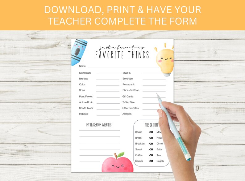 Teacher Favorite Things Survey Printable, All About My Teacher Form ...