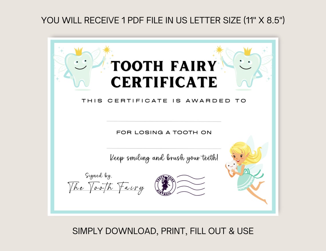 Tooth Fairy Letter Certificate Printable | Instant Digital Download PDF ...