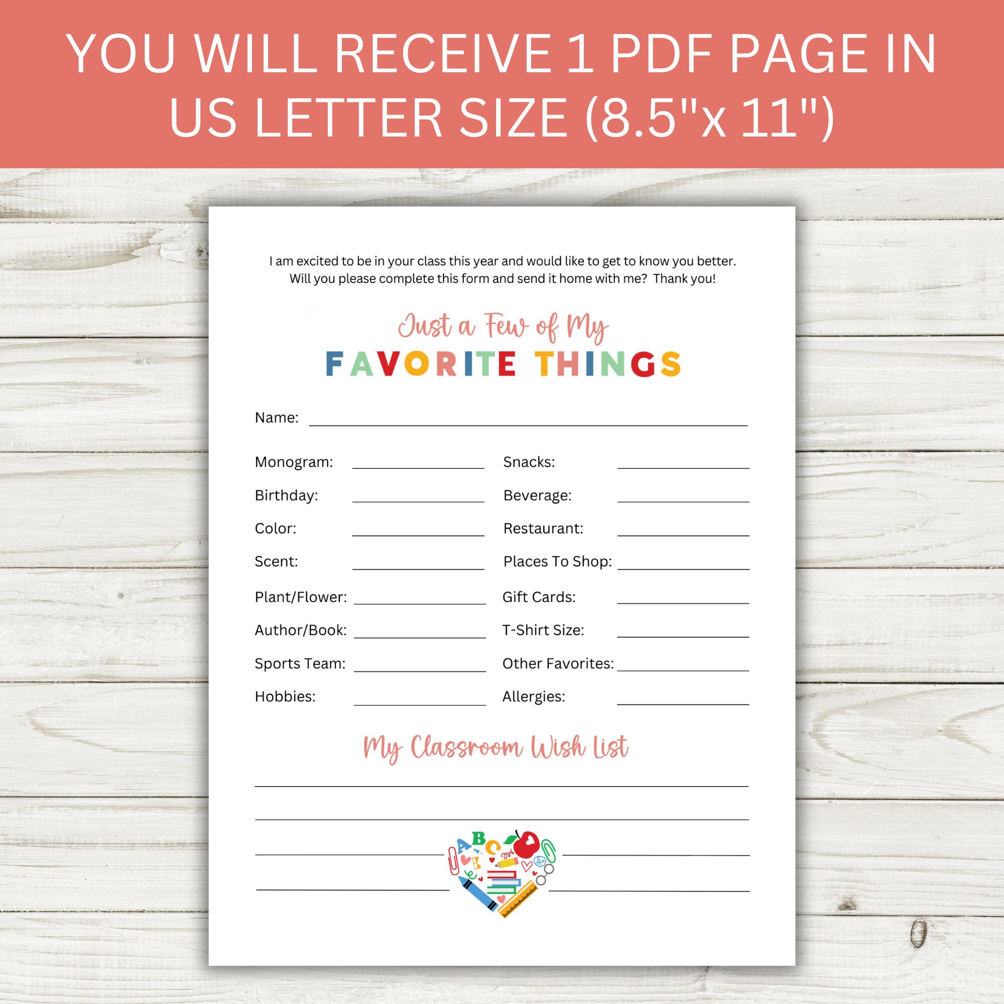 Teacher Favorite Things Survey Printable All About My Teacher - Etsy