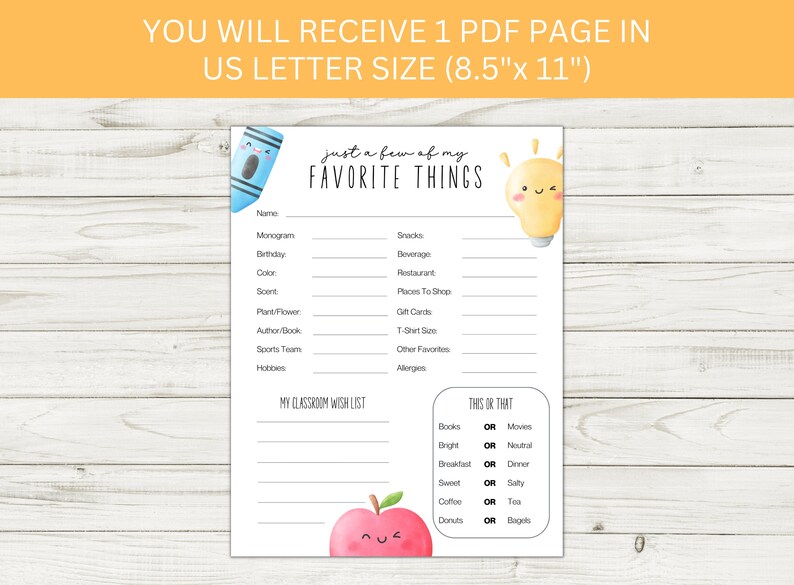 Teacher Favorite Things Survey Printable, All About My Teacher Form ...