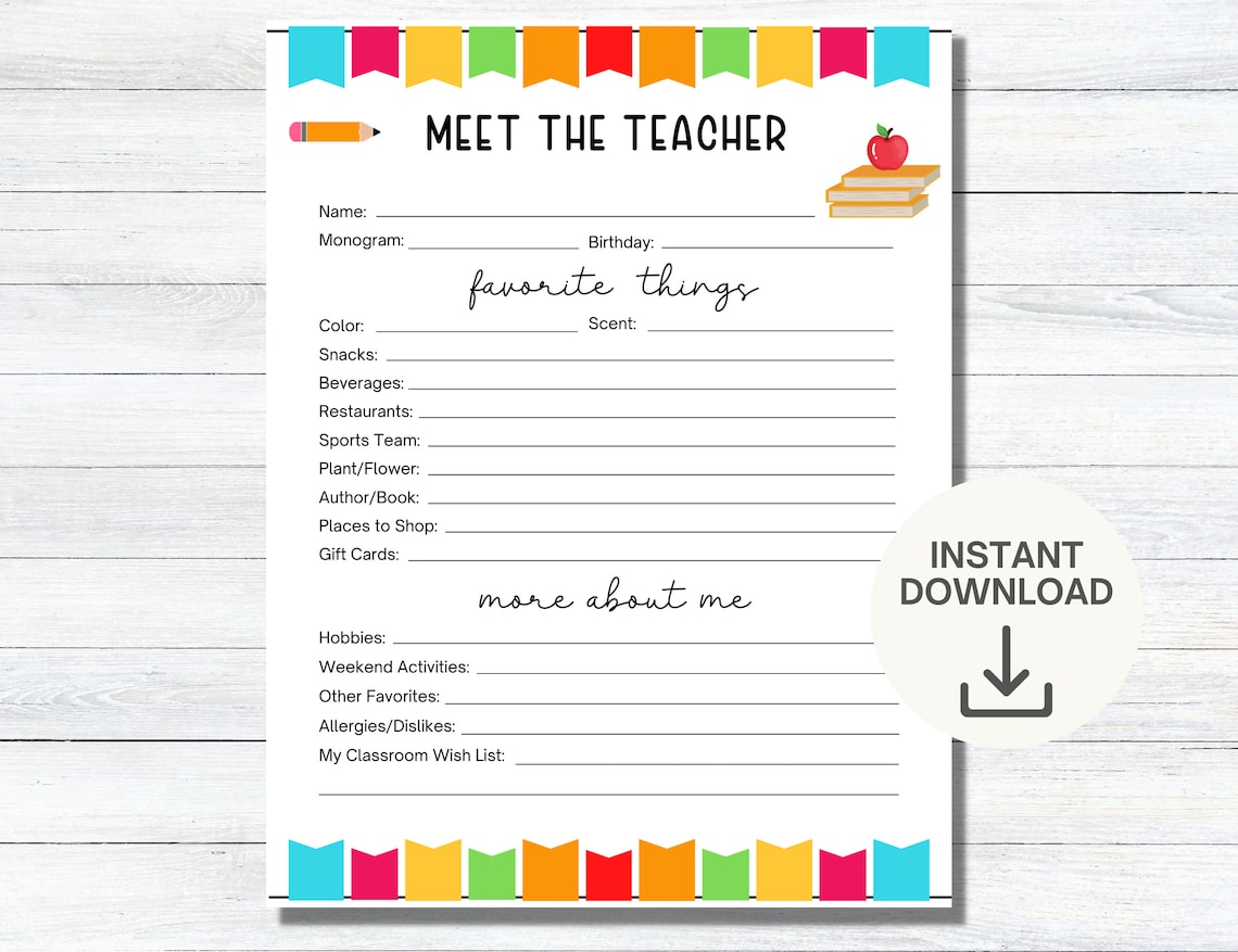 Teacher Favorite Things Questionnaire, Printable Instant Download ...