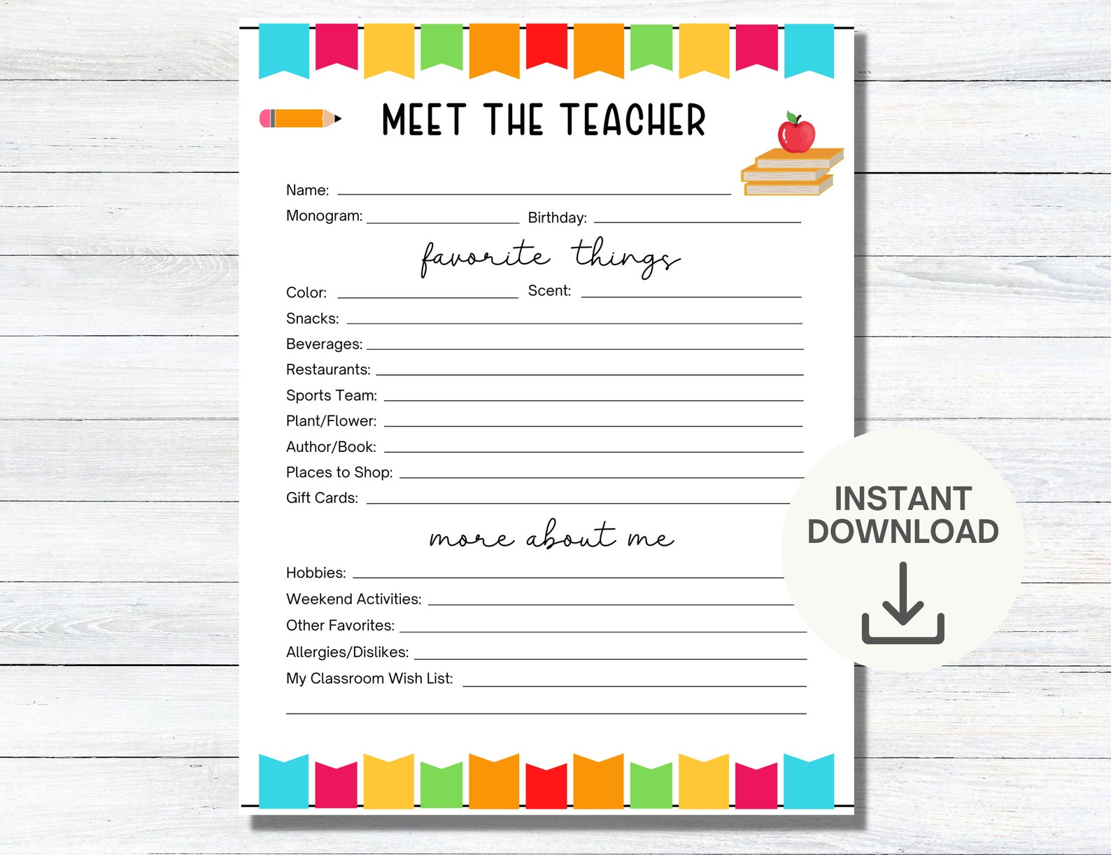 Teacher Favorite Things Questionnaire, Printable Instant Download ...