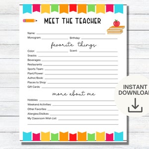 Teacher Favorite Things Questionnaire, Printable Instant Download ...