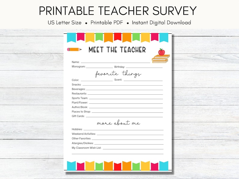 Teacher Favorite Things Questionnaire, Printable Instant Download ...