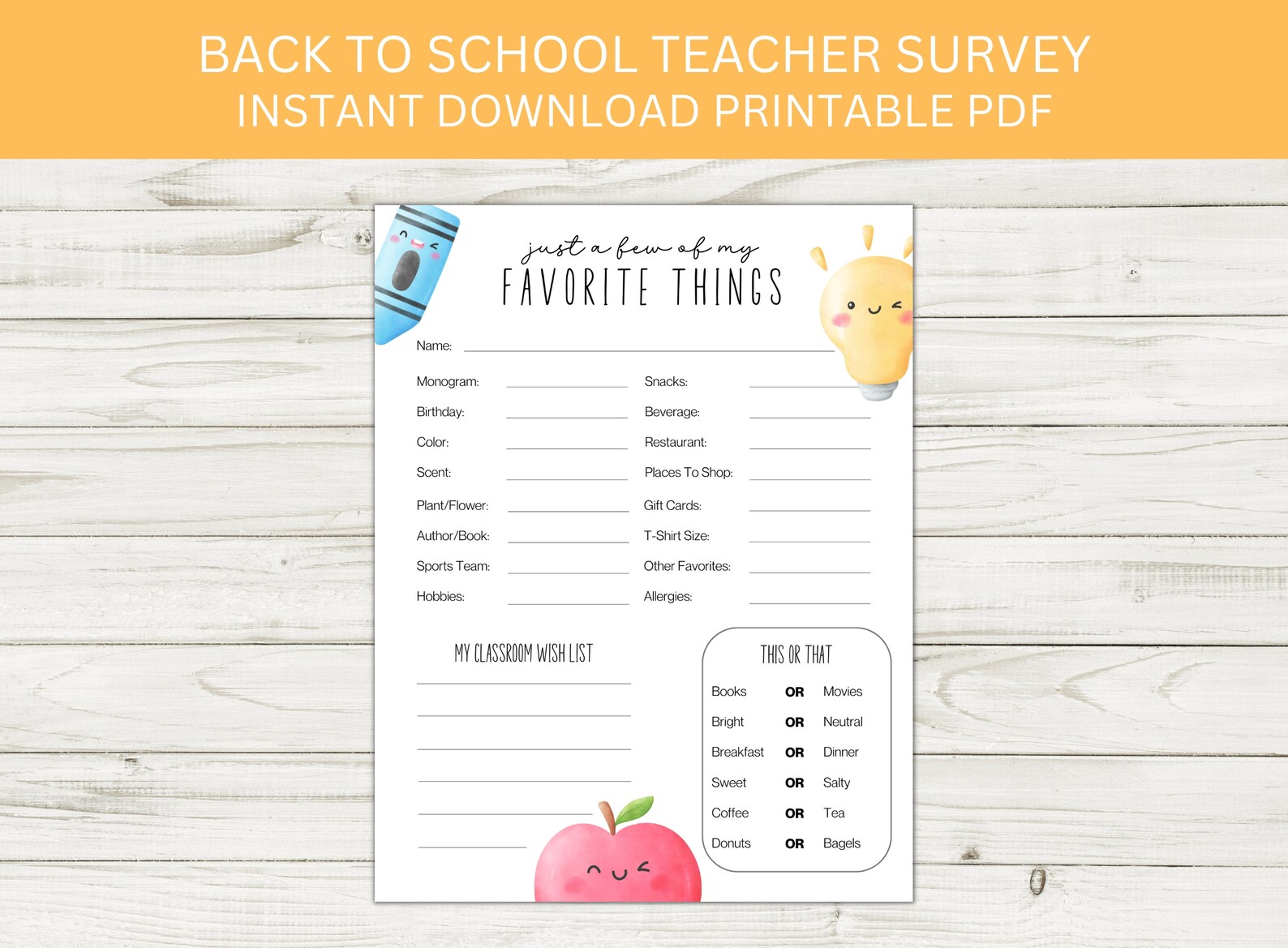 Teacher Favorite Things Survey Printable, All About My Teacher Form ...