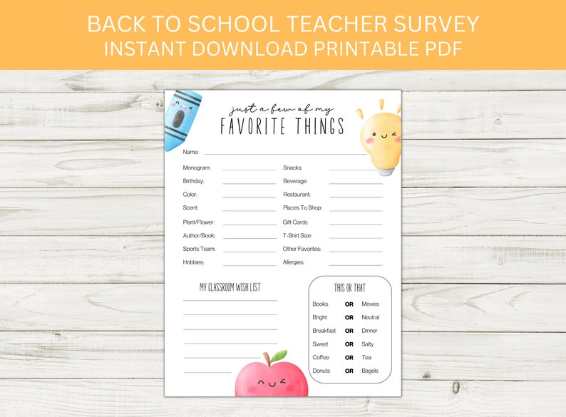 Teacher Favorite Things Survey Printable, All About My Teacher Form ...