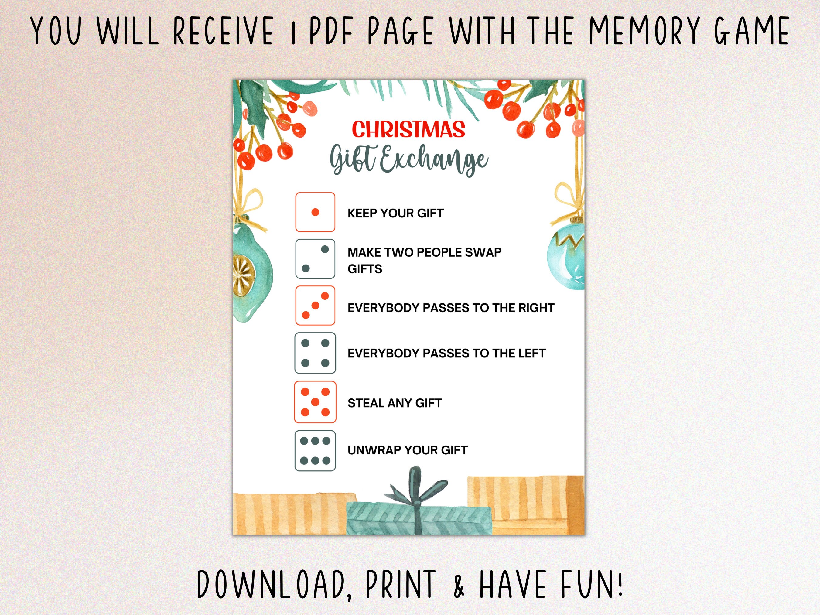 Roll the Dice Christmas Gift Exchange Game, Christmas Printable Games ...