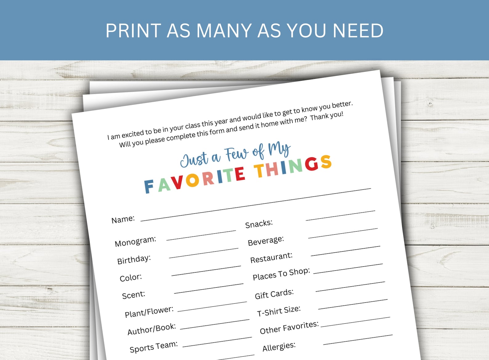 Teachers Favorites Survey Printable, Questionnaire, My Favorite Things ...