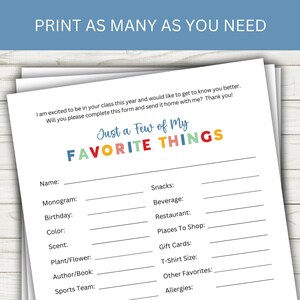 Teachers Favorites Survey Printable, Questionnaire, My Favorite Things ...