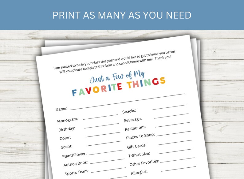Teachers Favorites Survey Printable, Questionnaire, My Favorite Things ...