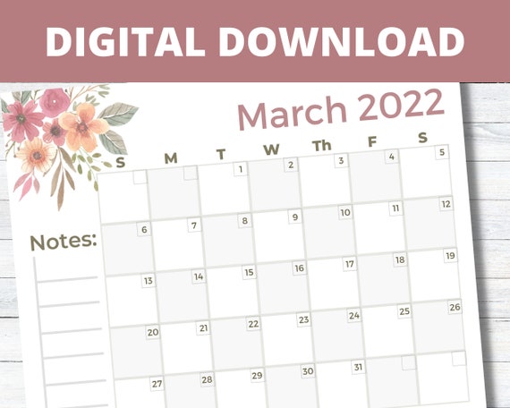 March 2022 Calendar Instant Digital Download Printable | Etsy