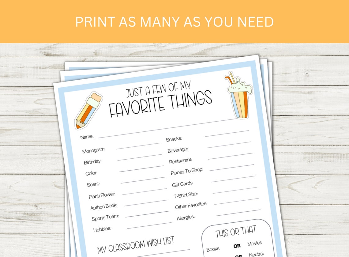 Teacher Favorite Things Survey: Printable Questionnaire (PDF) - Etsy