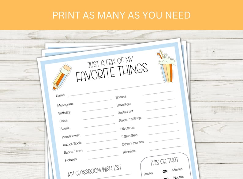 Teacher Favorite Things Survey: Printable Questionnaire (PDF) - Etsy