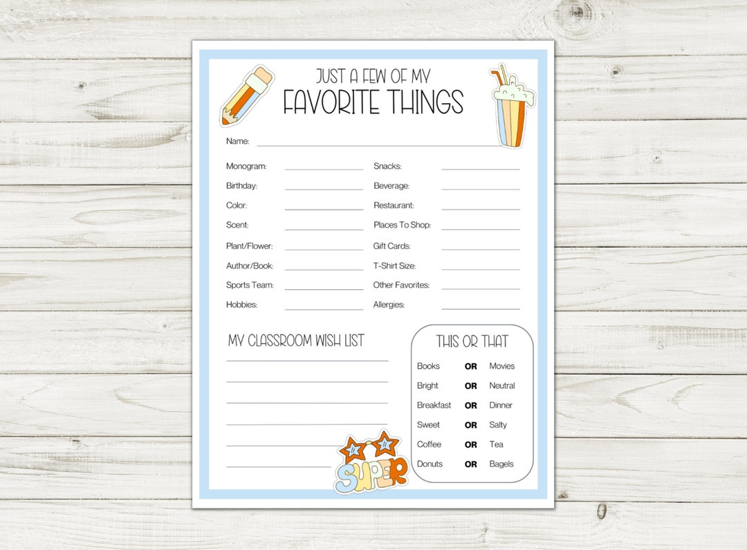 Teacher Favorite Things Survey: Printable Questionnaire (PDF) - Etsy