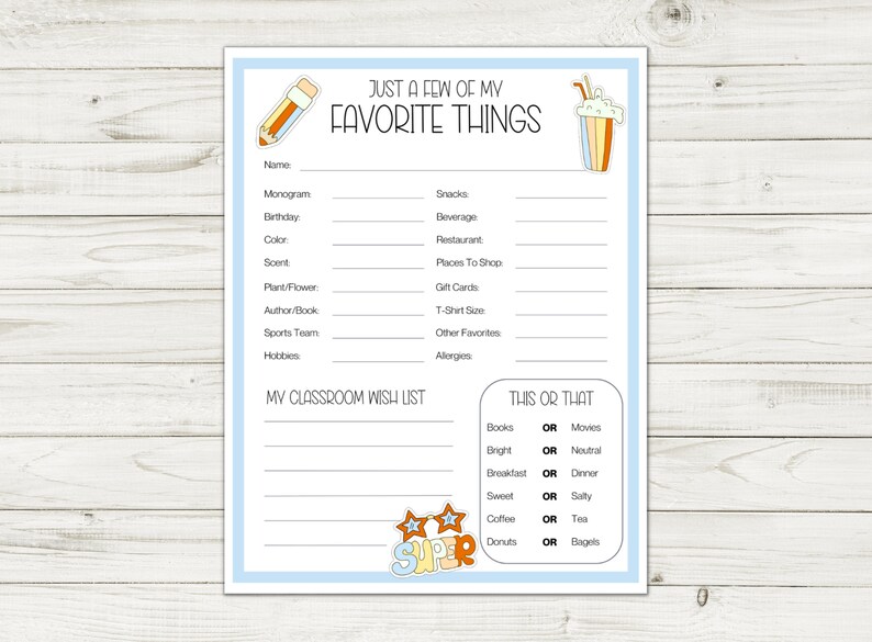 Teacher Favorite Things Survey: Printable Questionnaire (PDF) - Etsy