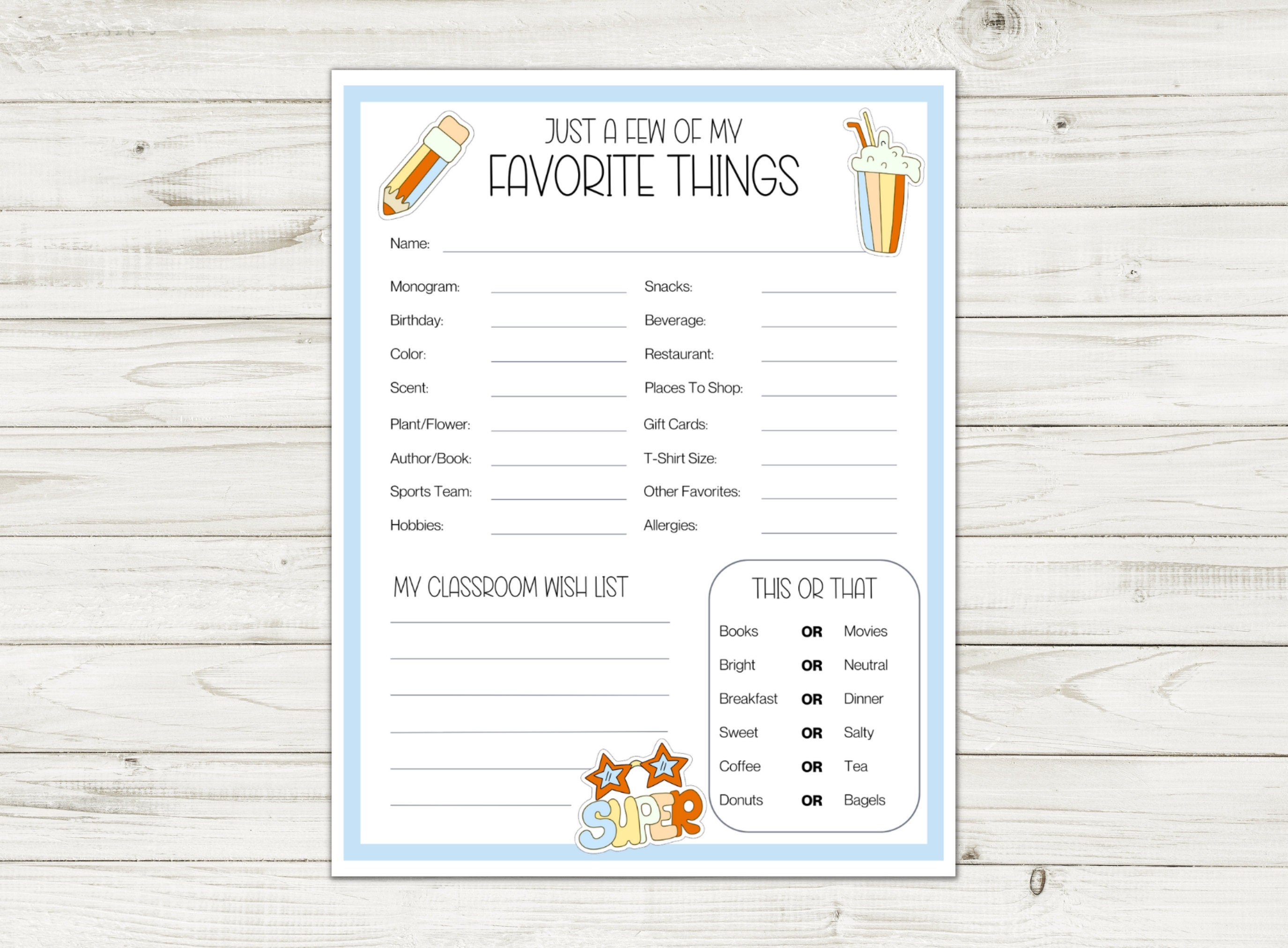 Teacher Favorite Things Survey: Printable Questionnaire (PDF) - Etsy