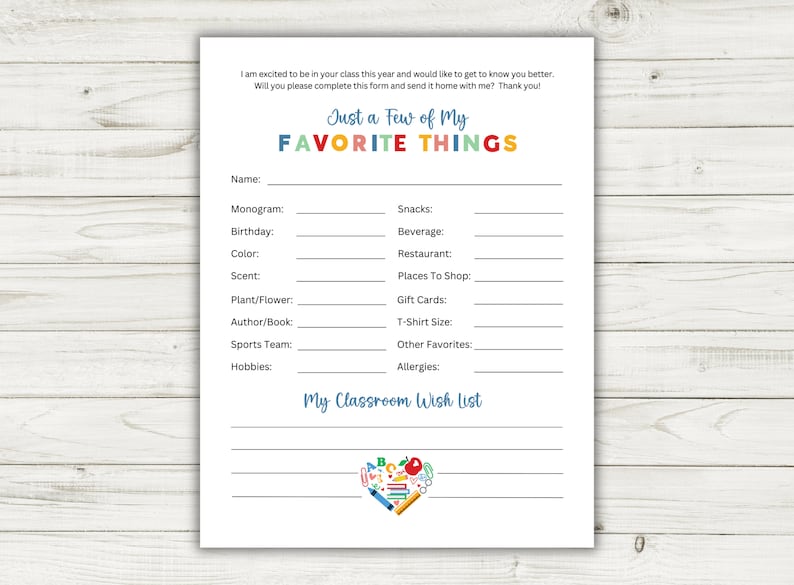 Teachers Favorites Survey Printable, Questionnaire, My Favorite Things ...