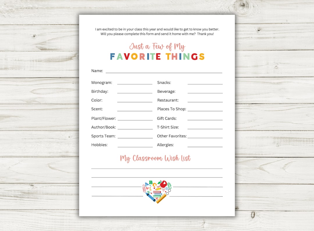 Teacher Favorite Things Survey Printable, All About My Teacher Form ...