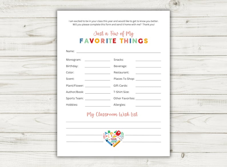 Teacher Favorite Things Survey Printable, All About My Teacher Form ...