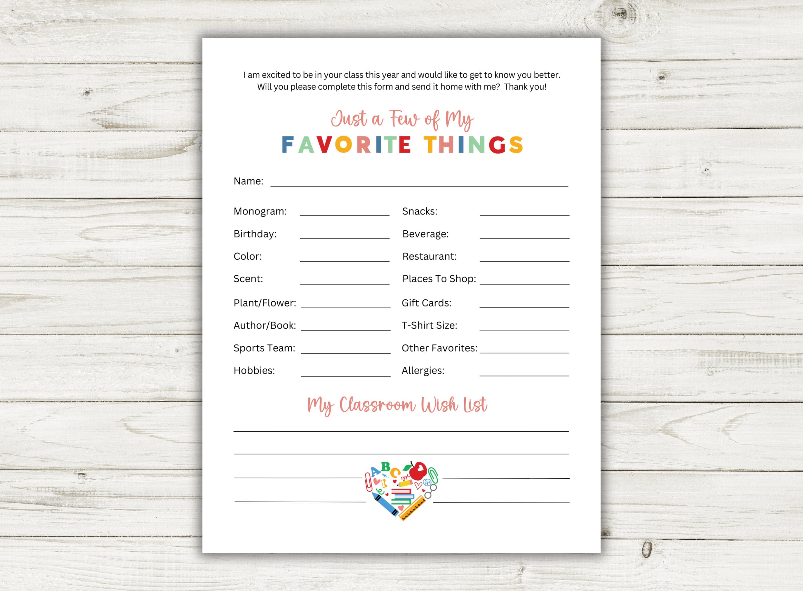 Teacher Favorite Things Survey Printable, All About My Teacher Form ...