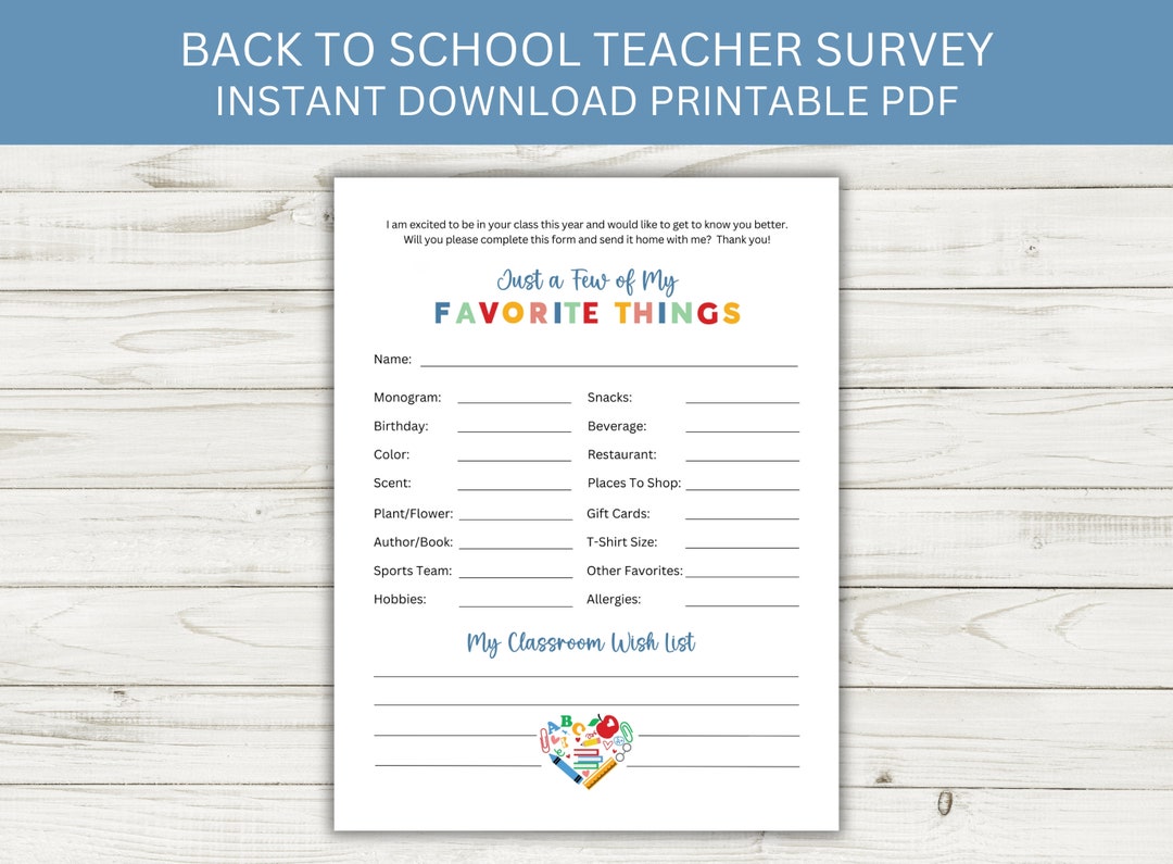 Teachers Favorites Survey Printable Questionnaire My - Etsy
