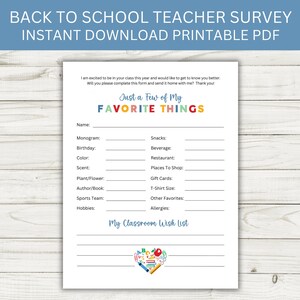 Teachers Favorites Survey Printable, Questionnaire, My Favorite Things ...
