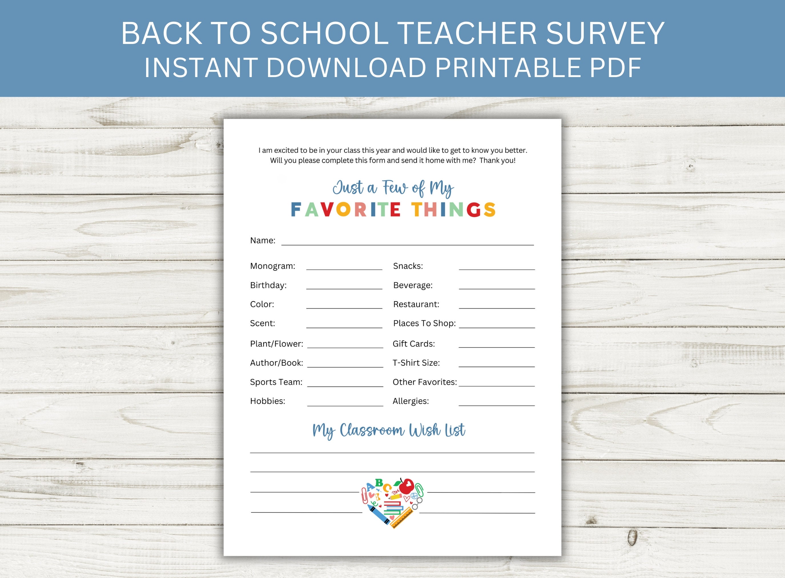 Teachers Favorites Survey Printable, Questionnaire, My Favorite Things ...