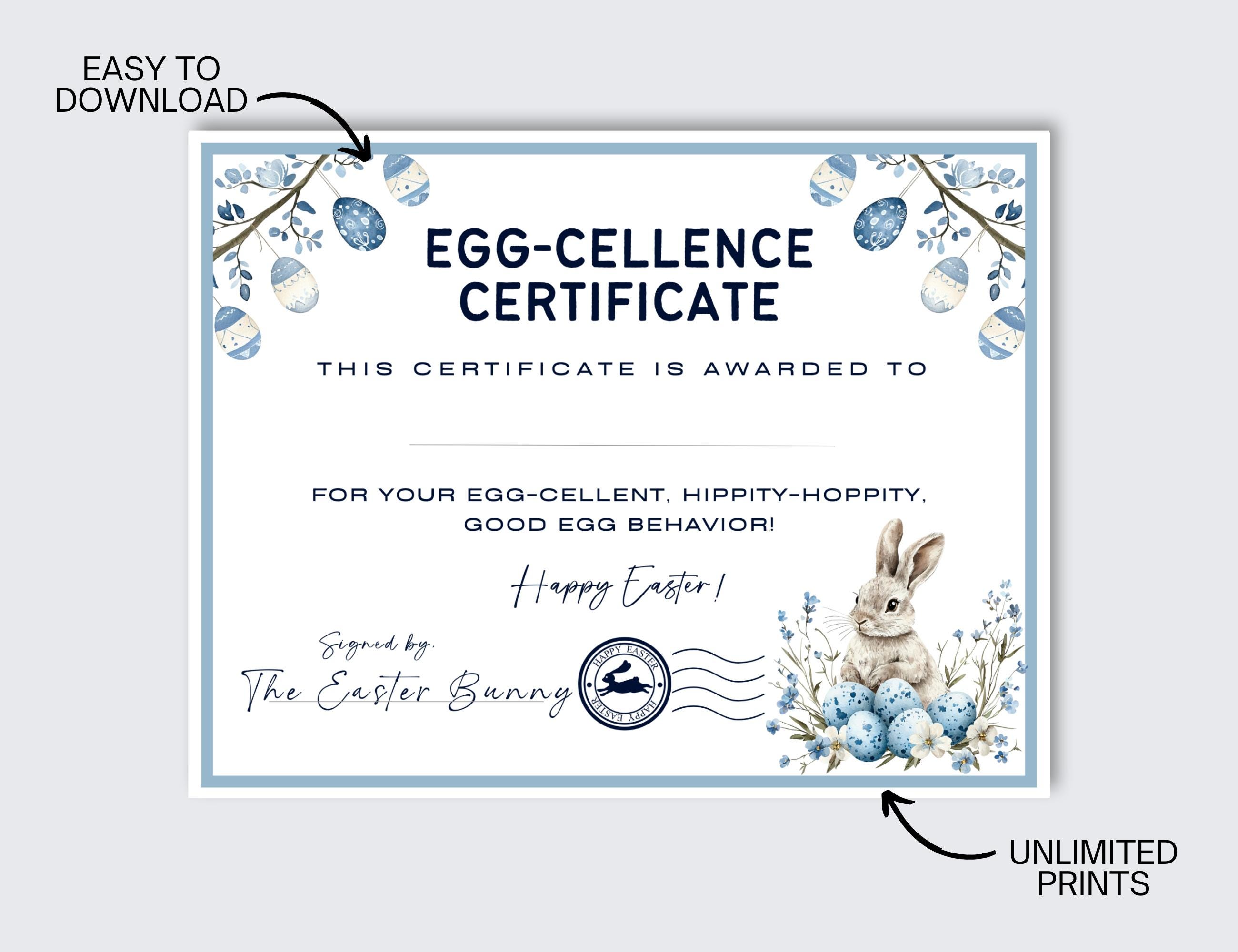 Easter Bunny Certificate Printable, Egg-cellence Certificate Letter ...