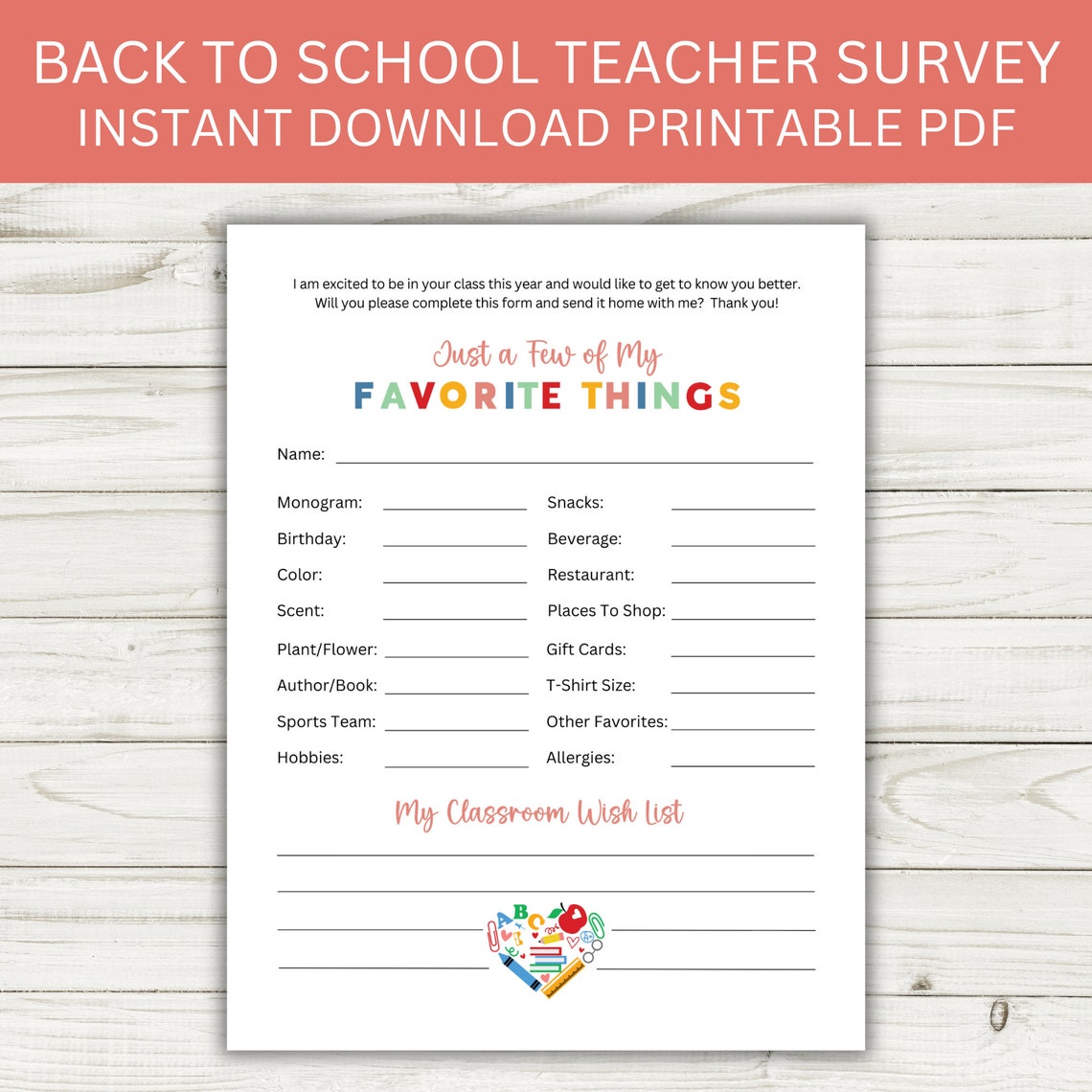 Teacher Favorite Things Survey Printable, All About My Teacher Form ...