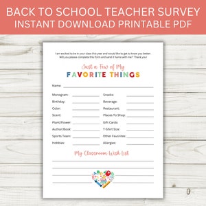 Teacher Favorite Things Survey Printable, All About My Teacher Form ...
