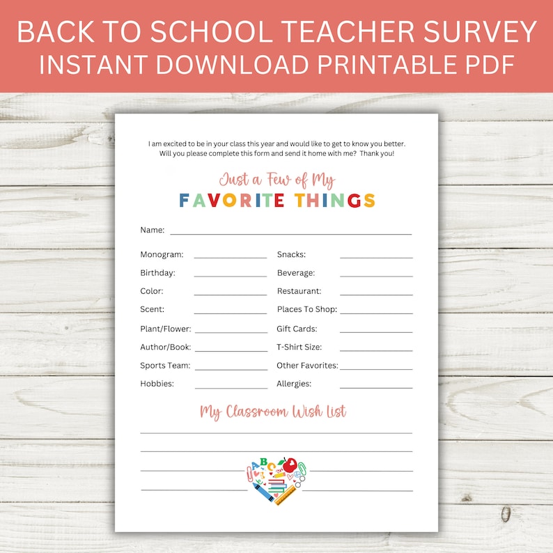 Teacher Favorite Things Survey Printable, All About My Teacher Form ...