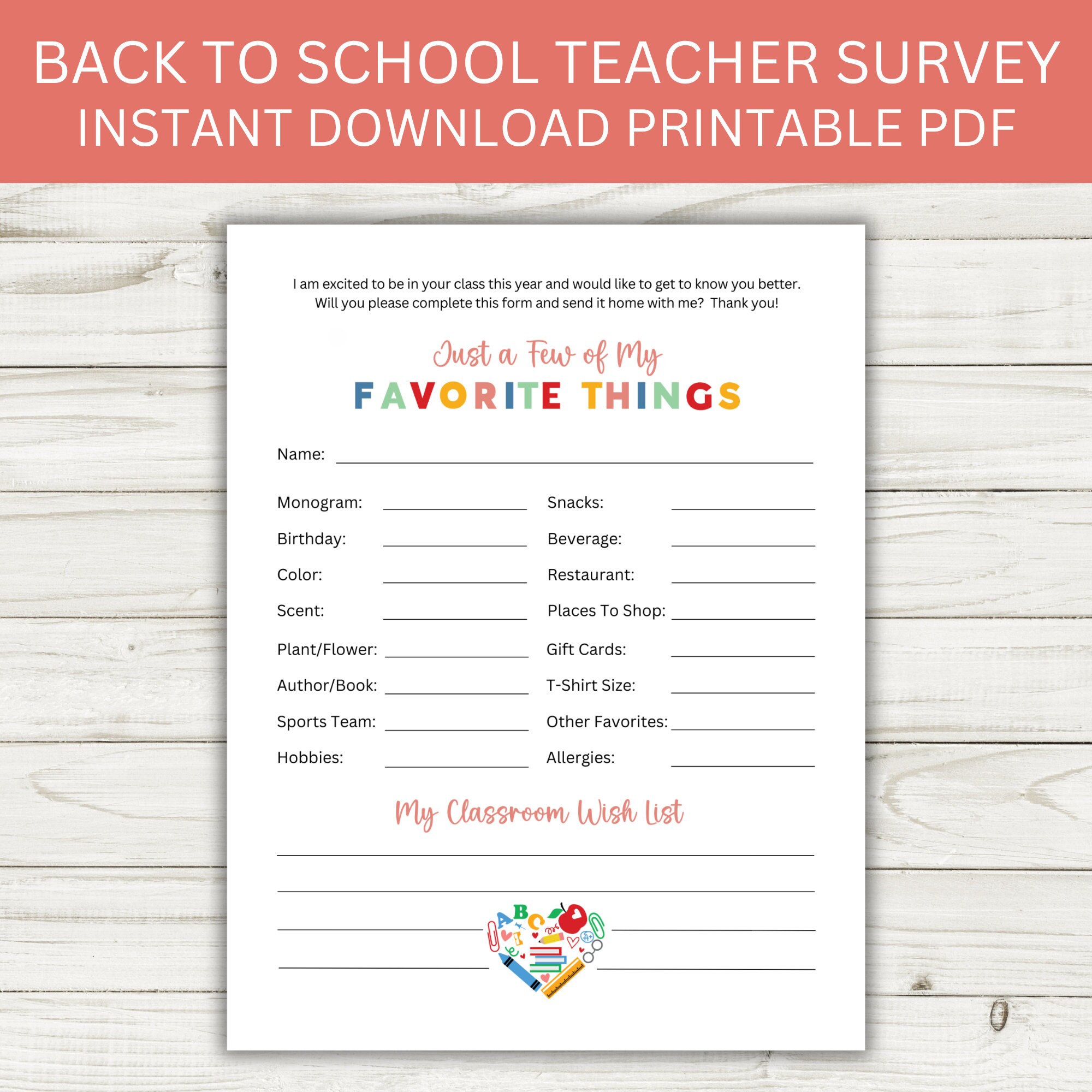 Teacher Favorite Things Survey Printable (PDF) - Etsy