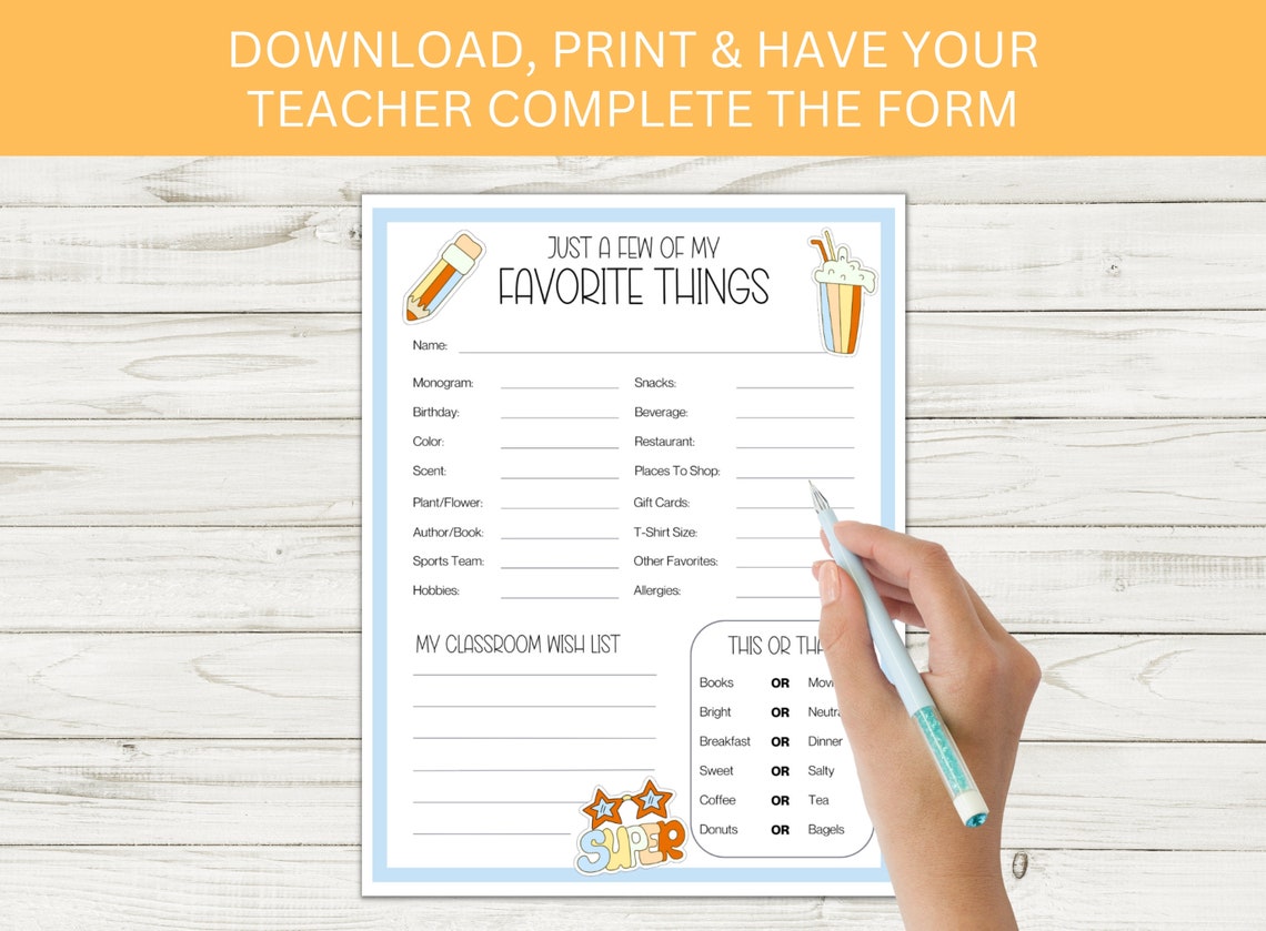 Teacher Favorite Things Survey: Printable Questionnaire (PDF) - Etsy