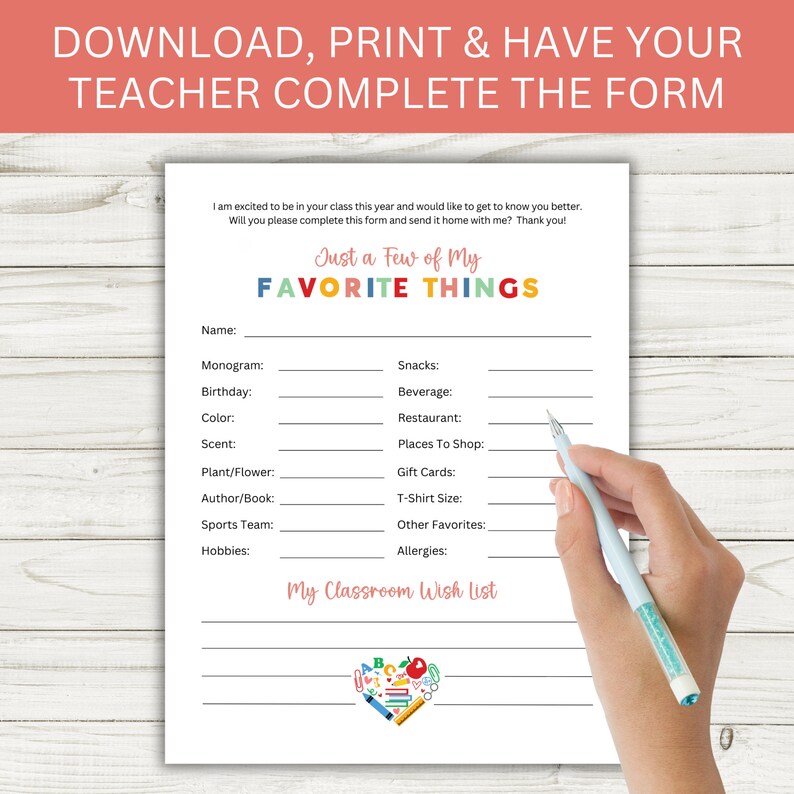 Teacher Favorite Things Survey Printable, All About My Teacher Form ...