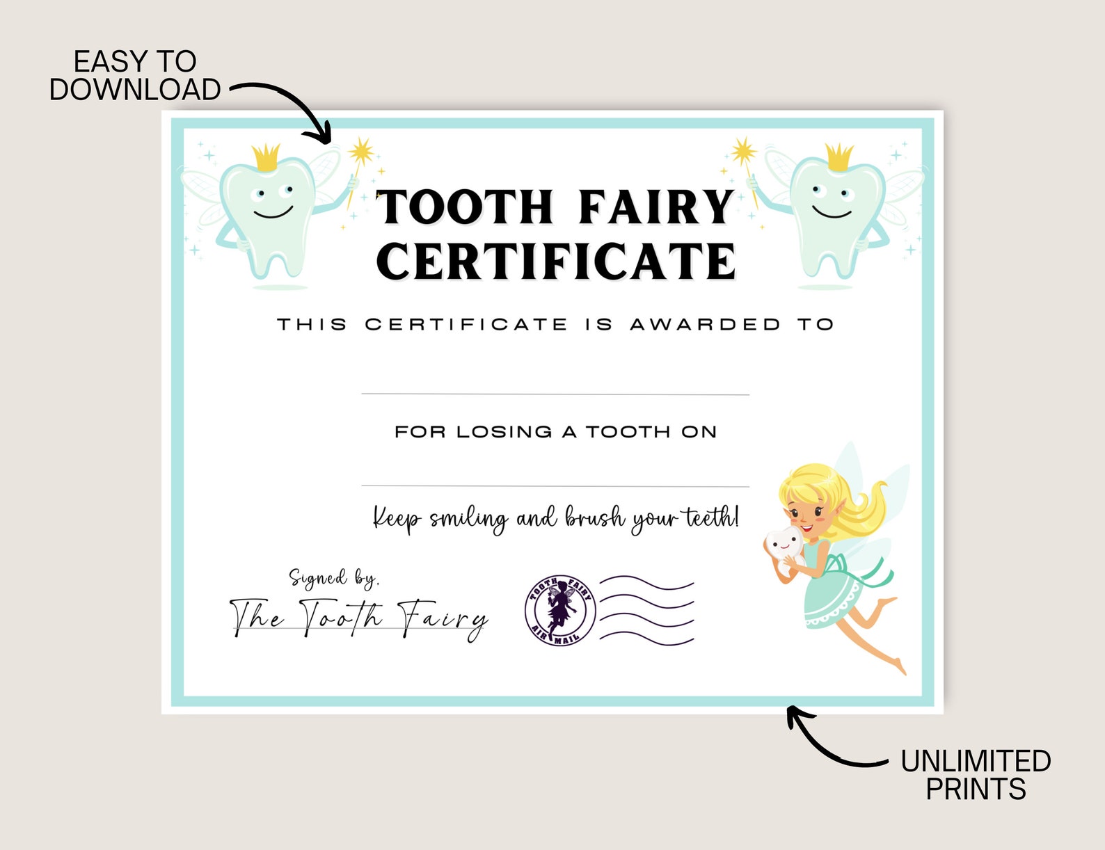 Tooth Fairy Letter Certificate Printable | Instant Digital Download PDF ...