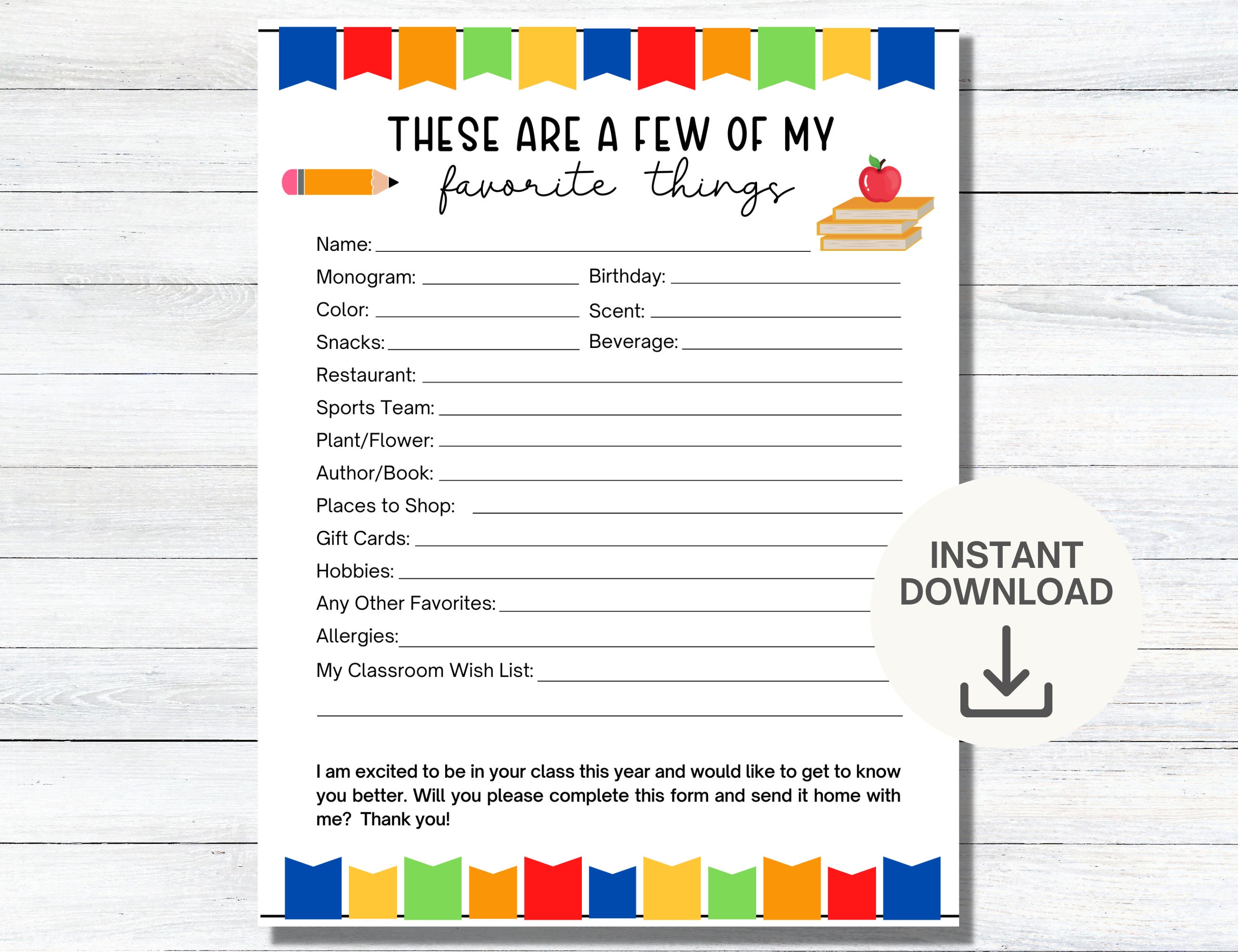 Teacher Favorite Things Survey, Printable Instant Download, Teacher ...