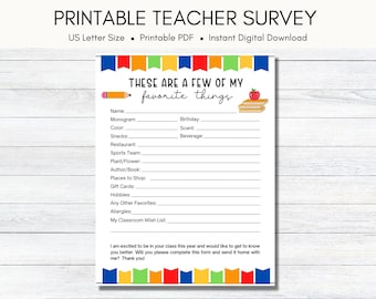 Teacher Favorite Things Questionnaire, Printable Instant Download ...