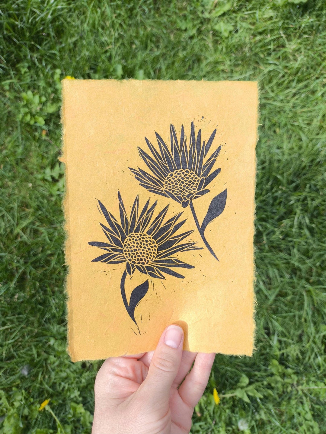 African Daisy Saffron Linocut Print Hand Printed Art Floral ...