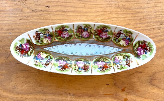 Ceramic Boat Dish with Pastoral Designs - Gem