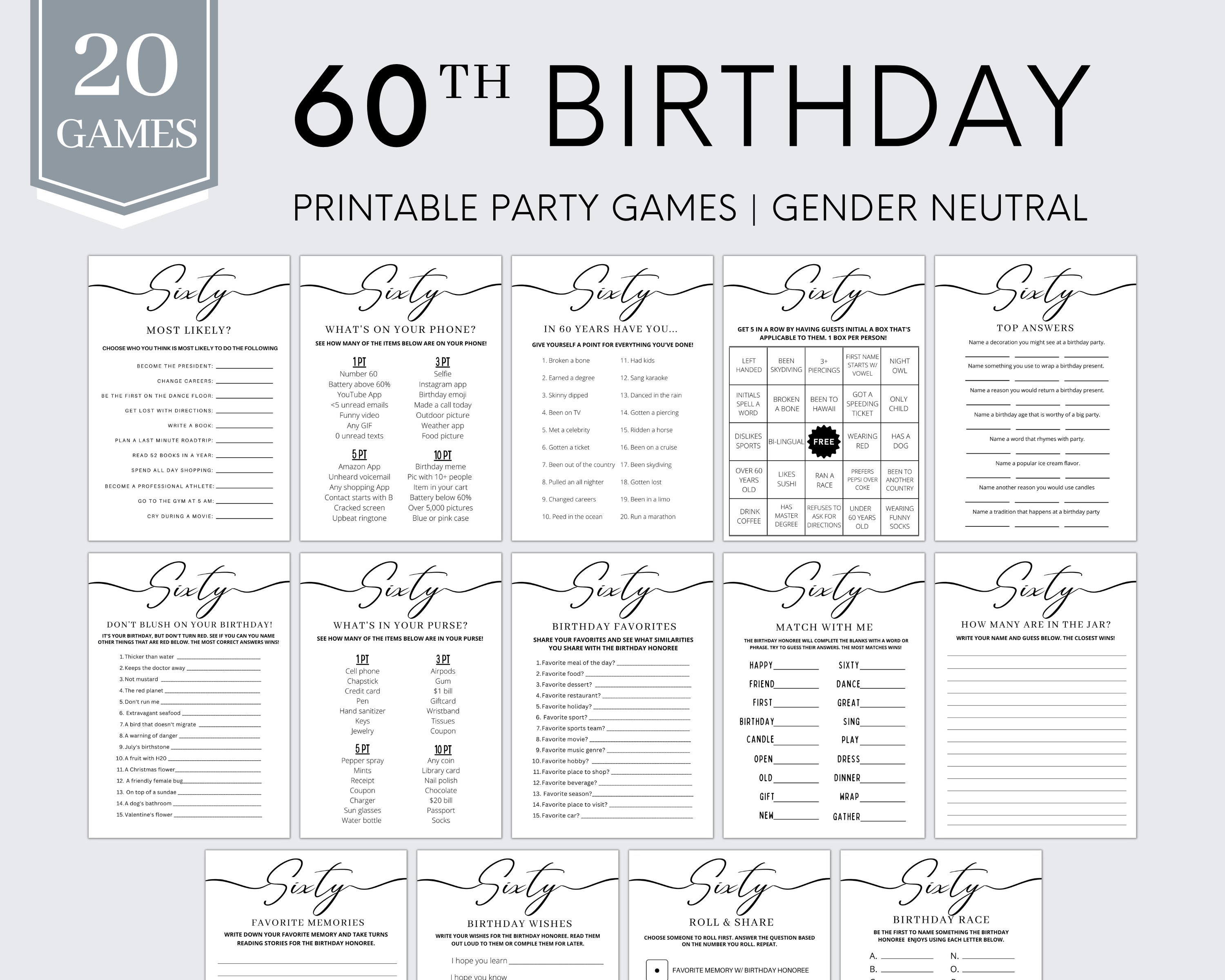 60th Birthday Games | 20 Party Games, Born in 1964 (printable) - Etsy