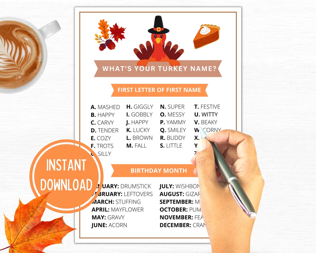 Whats Your Turkey Name | Thanksgiving Game for Kids | Thanksgiving ...