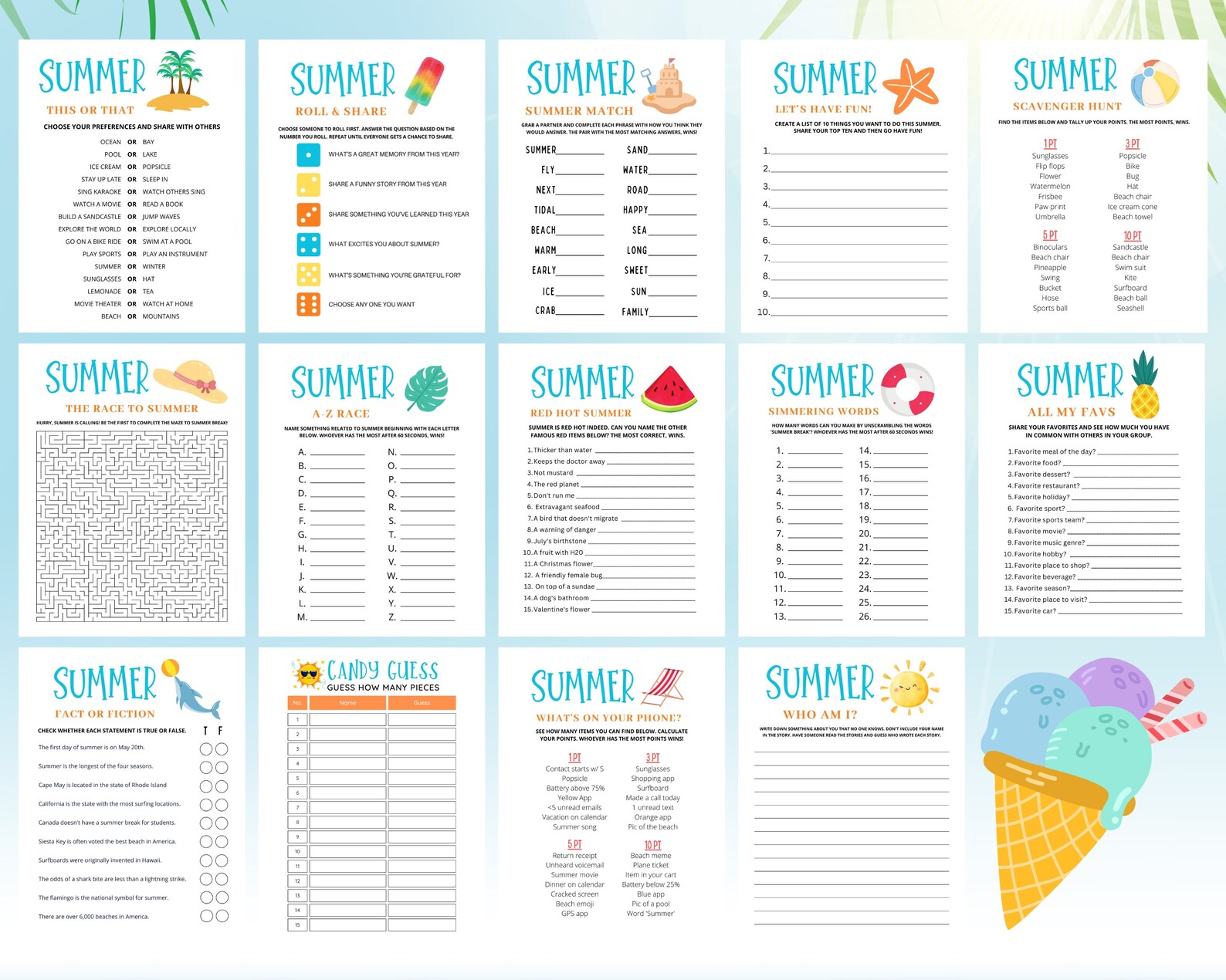 Summer Activity Bundle: 20 Printable Games for Kids (digital Download ...
