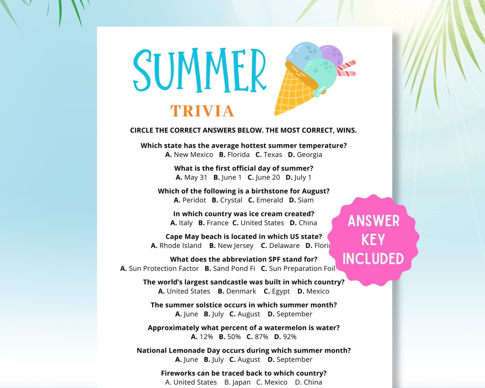 Summer Trivia Game | Family Roadtrip Activity (printable) - Etsy