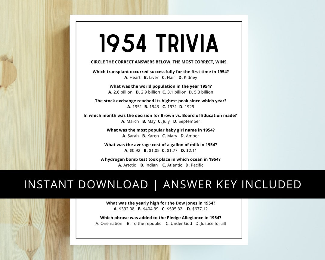 1954 Trivia | 70th Birthday Party Game | Born in 1954 | 70th Birthday ...